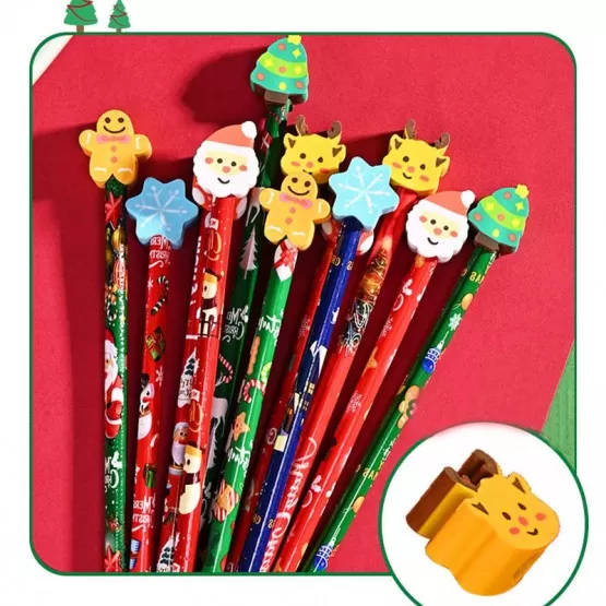 INF Christmas HB Pencils with Cartoon Eraser Toppers - Festive Writing Fun