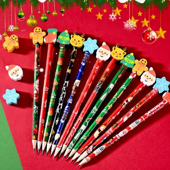 INF Christmas HB Pencils with Cartoon Eraser Toppers - Festive Writing Fun