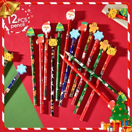 INF Christmas HB Pencils with Cartoon Eraser Toppers - Festive Writing Fun